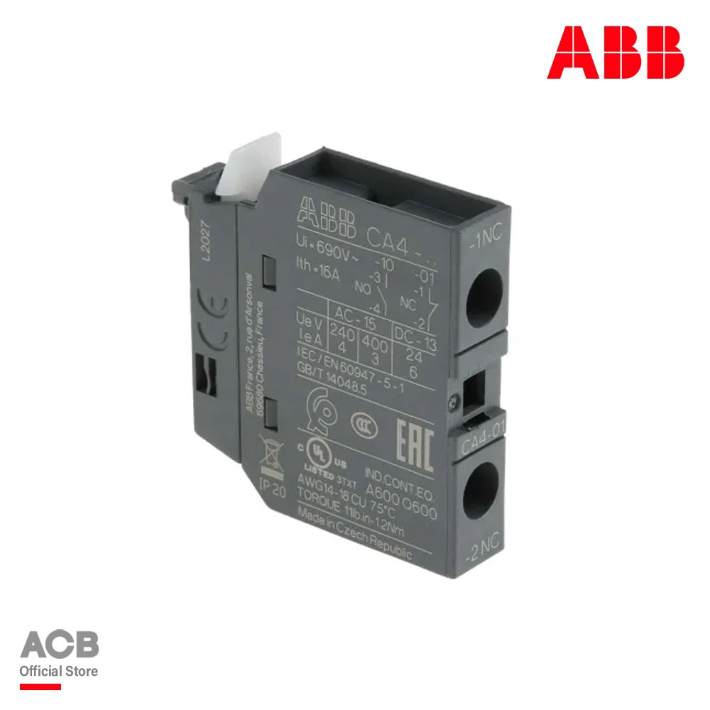 ABB Auxiliary Contact - 1NC, 1 Contact, Front Mount, 6 A รหัส CA4-01 ...