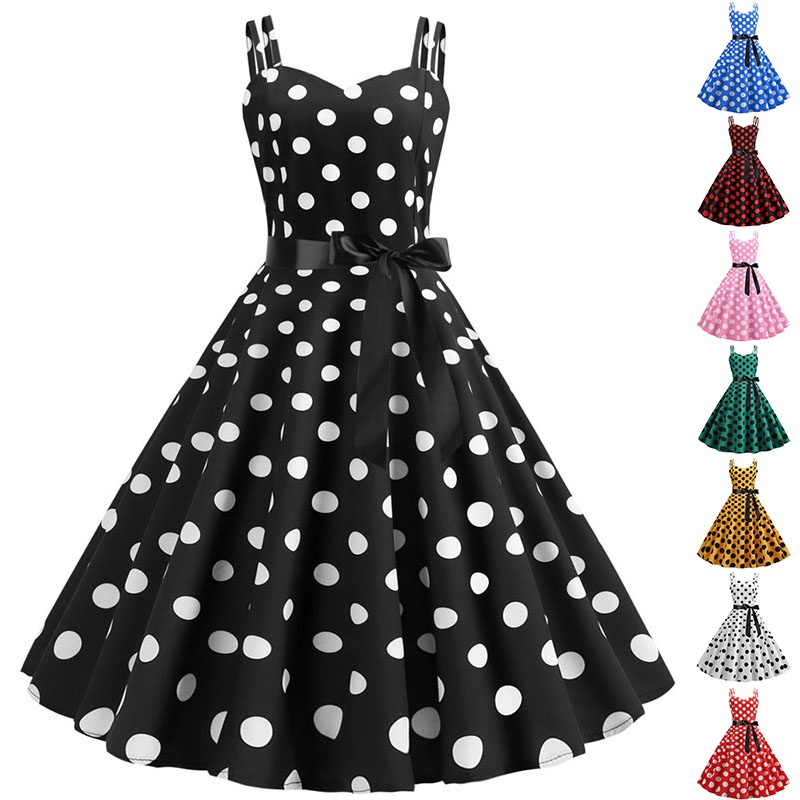 ผู้หญิงฤดูร้อน Vintage 50s 60s Pin Up Party Dress สปาเก็ตตี้ Polka Dot ...