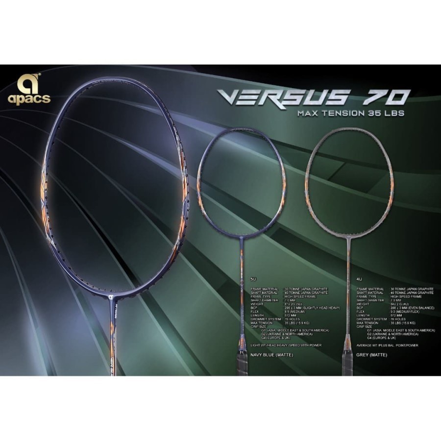 Apacs BADMINTON Racket ORIGINAL VERSUS 70 MAX TENSION 35LBS LOGO UK ...