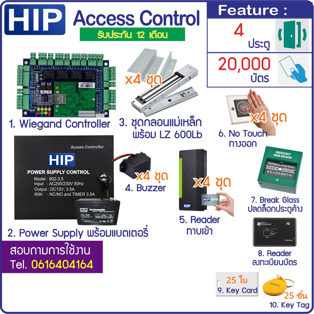 HIP Access Control ควบคุม 4 ประตู ทาบบัตรเข้า กดสวิทซ์ออก อุปกรณ์ครบชุด บัตรคีย์การ์ด 125KHz ...