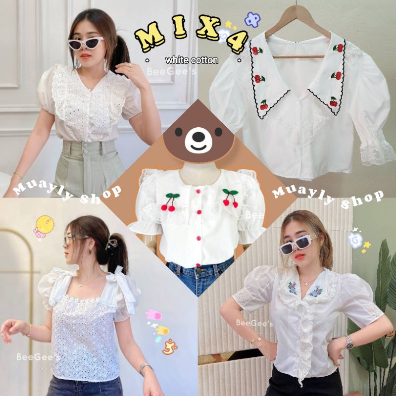 ️ɴ ᴇ ᴡ🌸𝑴𝒊𝒙4🌸 เสื้อสีขาว น่ารักๆ 5 แบบ💖สไตล์เกาหลี งานผ้าฝ้าย คอตตอน แขนตุ๊กตา ฉลุลูกไม้ เสื้อขาว ...