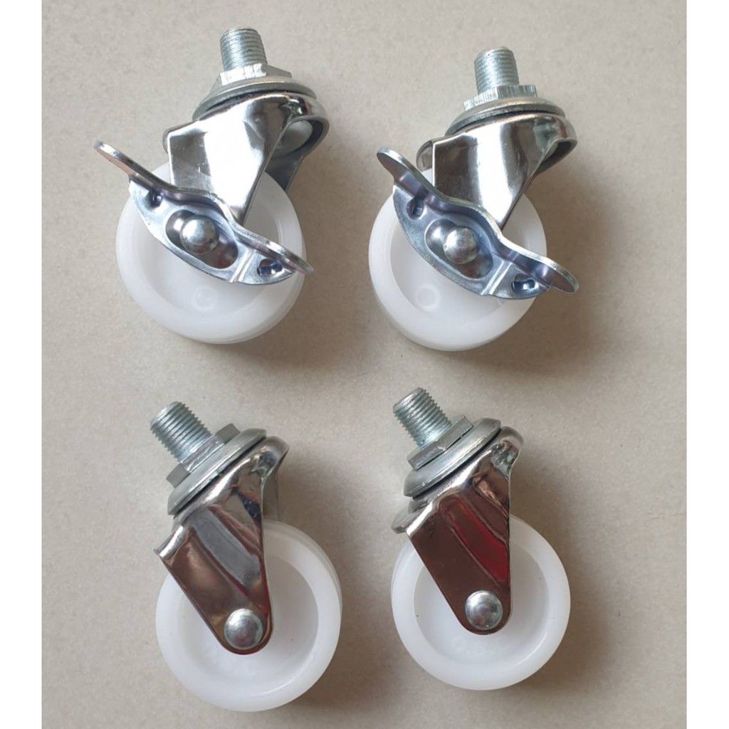 POSC.(1ชุด 4 ล้อ) ลูกล้อไนล่อนสีขาวขนาด 2 นิ้ว เกลียว 4 หุนหมุนได้รอบ360 องศา มีเบรค 2 ล้อ และ ...