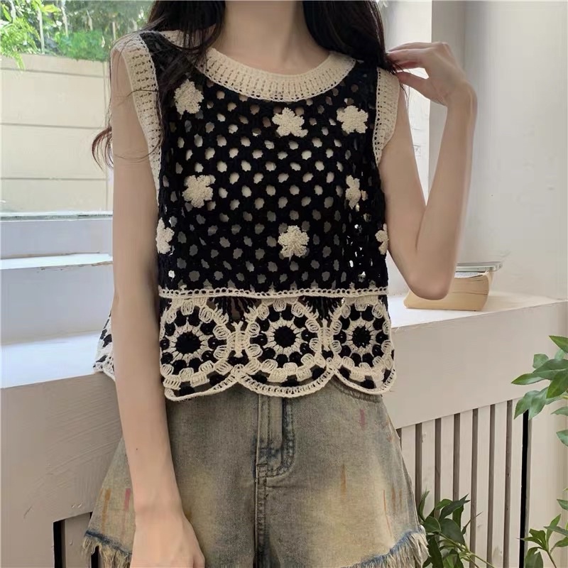 Bentoy(735)เสื้อกั๊กไหมพรม เสื้อตาข่ายผ้าถักลายดอก น่ารักมาก | Shopee Thailand