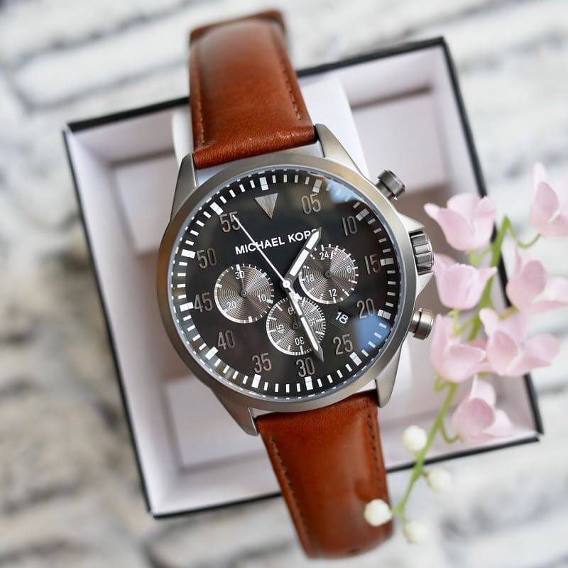 พร้อมส่ง นาฬิกาข้อมือผู้ชาย MICHAEL KORS สายหนังสีน้ำตาล หน้าปัดสีดำ ...