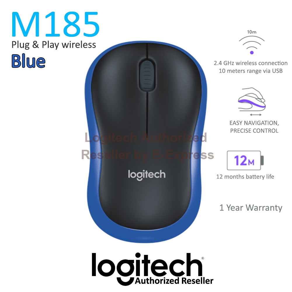 Logitech M185 Wireless Mouse สีฟ้า ประกันศูนย์ 3ปี ของแท้ (Blue ...