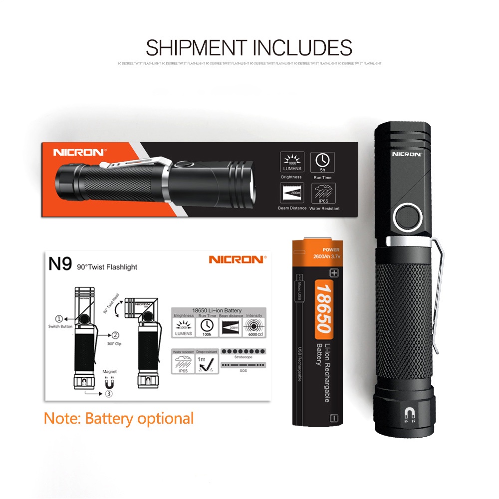 NICRON N9 LED Flashlight Tactical 90 Degree Twist 1000LM High Lumens ...