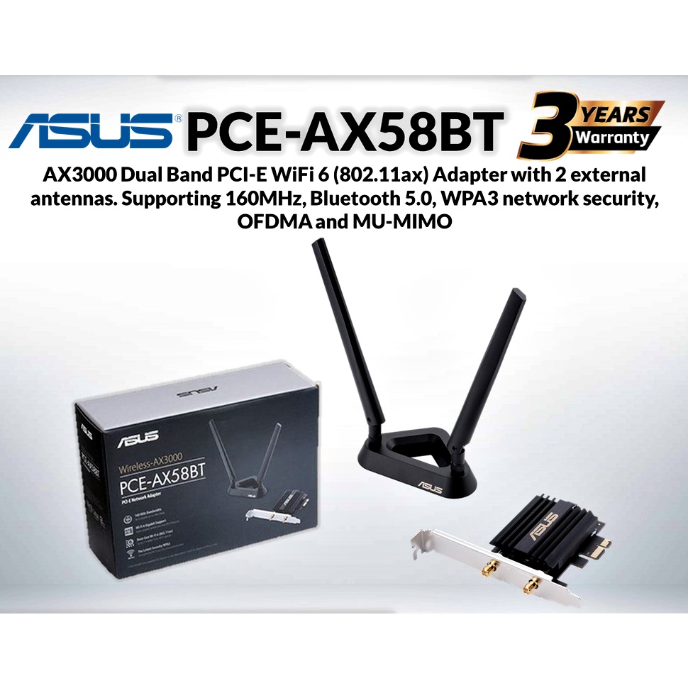ASUS (PCE-AX58BT) AX3000 DUAL BAND PCI-E WIFI 6 Wireless Adapter with ...