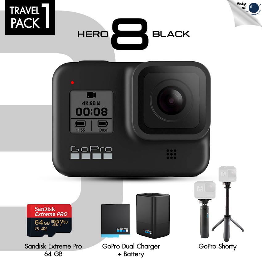 Gopro Hero 8 Black Travel Pack 1 Dual Charer + Battery, Shorty, Sandisk ...