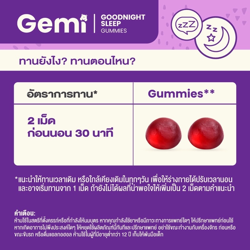 Gemi เจมมี่ กู๊ดไนท์สลีพกัมมี่ แบบซอง 20 เม็ด / Gemi Goodnight Sleep ...