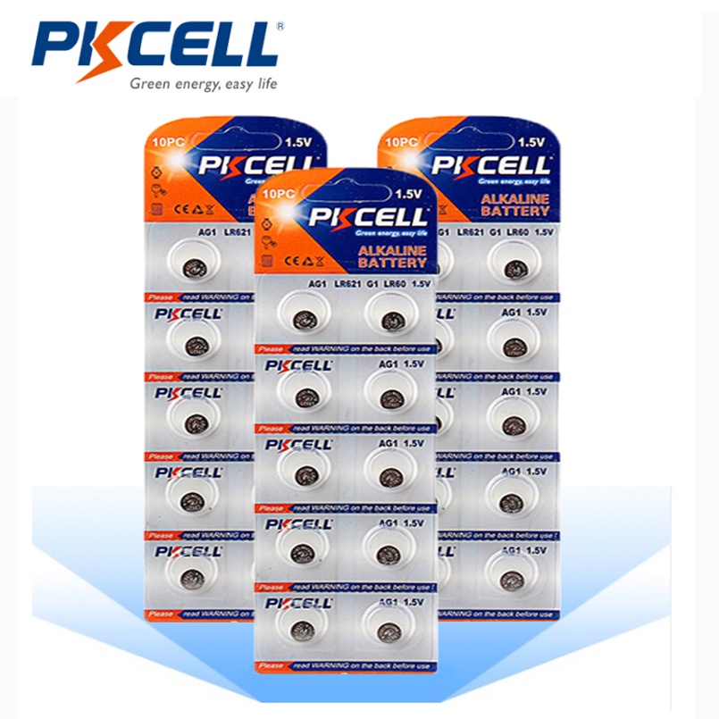 PKCELL 30Pcs/3PK AG1 Button Cell coin Batteries Alkaline Battery 1.5V ...
