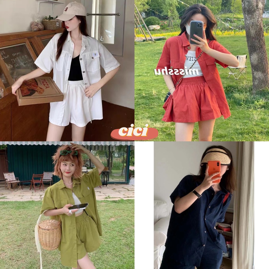Cici(NO.2287)SET เสื้อเชิ้ตแขนสั้น+กางเกงขาสั้น สม็อคมีกระเป๋า2ข้าง สวย เท่ เก๋จบในชุดเดียว ...