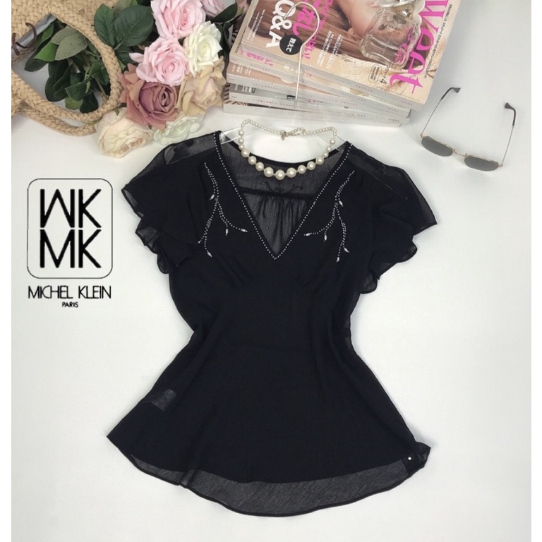 เสื้อแขนกุดแต่งระบายแขน like new แบรนด์ MICHEL KLEIN Paris ผ้าชีฟอง | Shopee Thailand