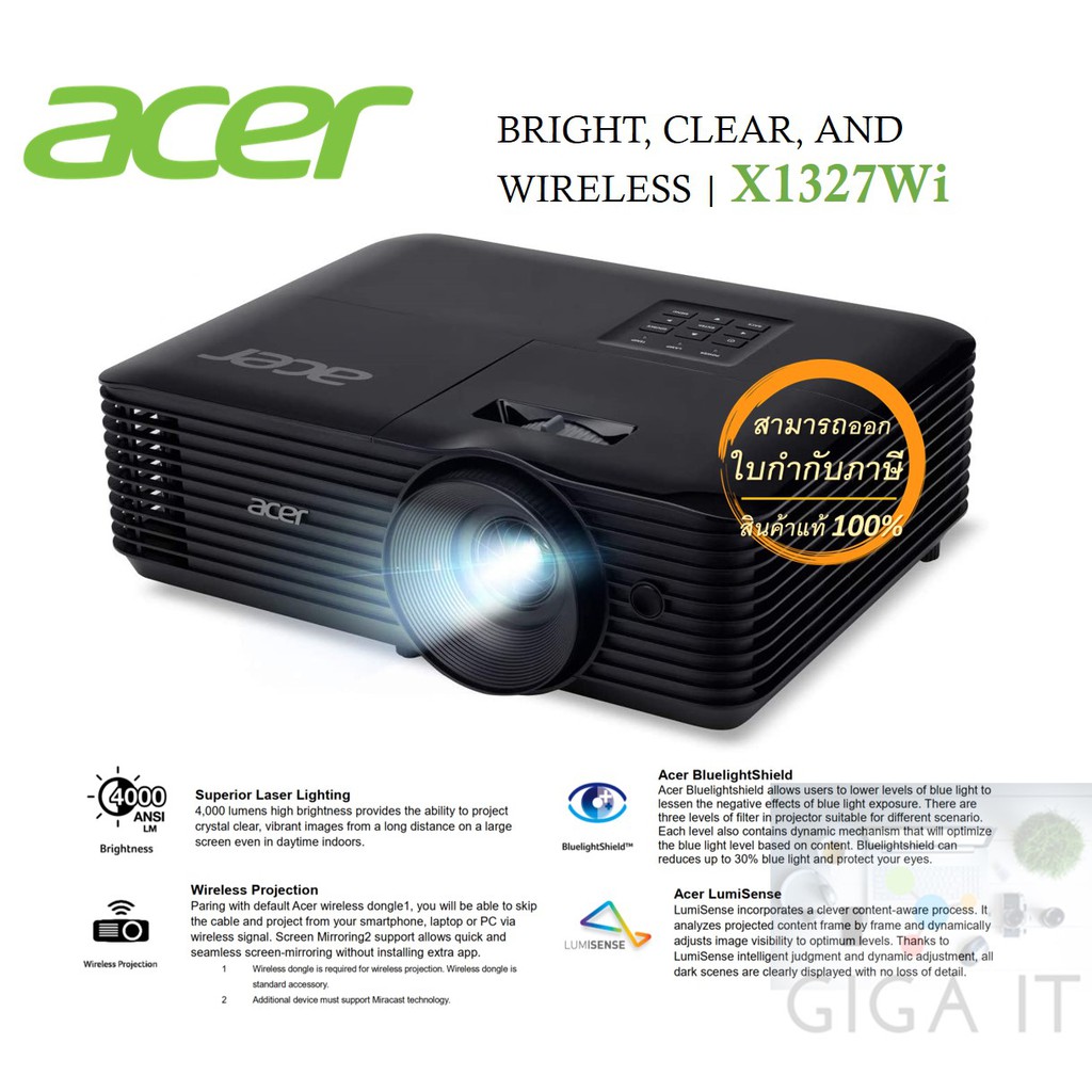 ACER Projector รุ่น X1327Wi Wireless (DLP /4,000 LM /WXGA /WiFi USB ...