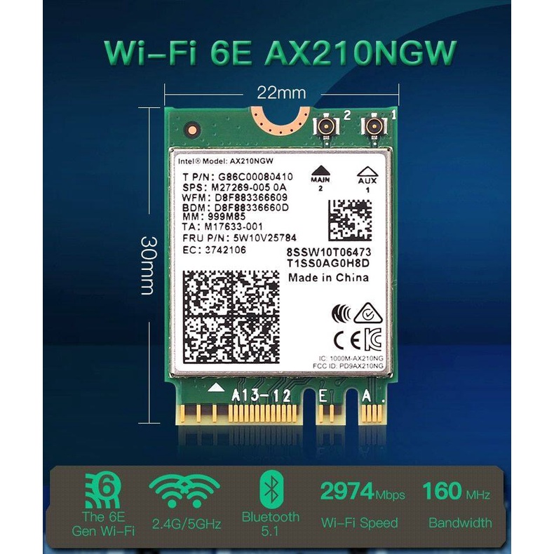 ชุดอะแดปเตอร์เสาอากาศ 3000Mbps Wi-Fi 6E Intel AX210 บลูทูธ 5.2 Wifi 6 ...