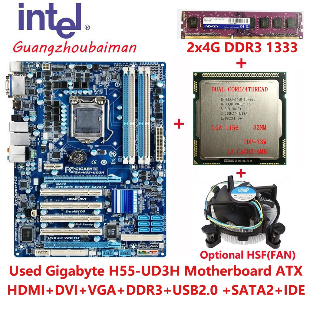 มัดใช ้ GIGABYTE GA-H55-UD3H เมนบอร ์ ด H55 ATX HDMI IDE + LGA 1156 I5 ...