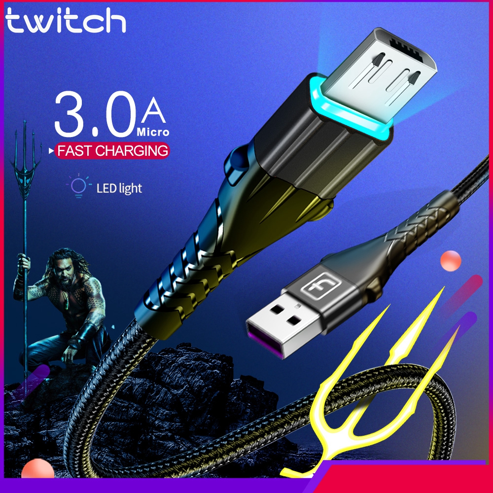 Twitch สาย Micro USB 3A ทนทานไนลอนถักไฟเบอร์ Fast Charge Micro USB โทรศัพท์มือถือชาร์จสายไฟ LED ...