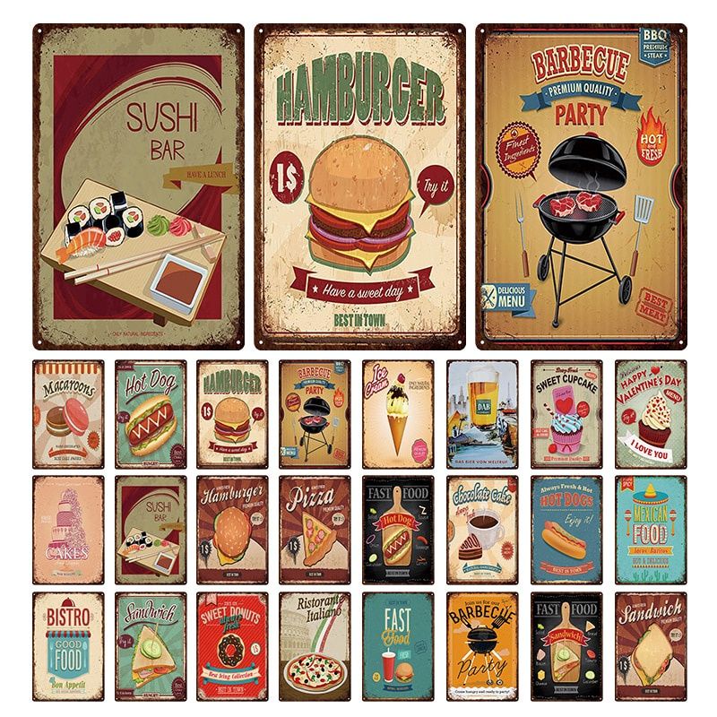 Hamburger Metal Sign Plaque Metal Vintage Fast Food Tin Sign Wall Decor ...