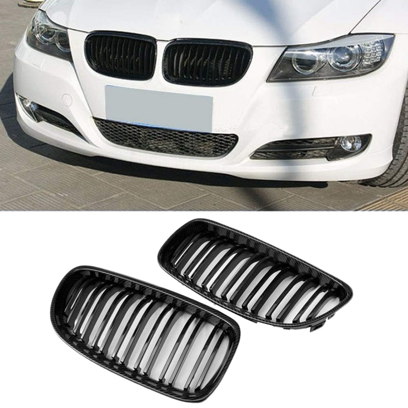 Car Carbon Fiber Glossy Black Double Slat Front Kidney Grille Grill for ...