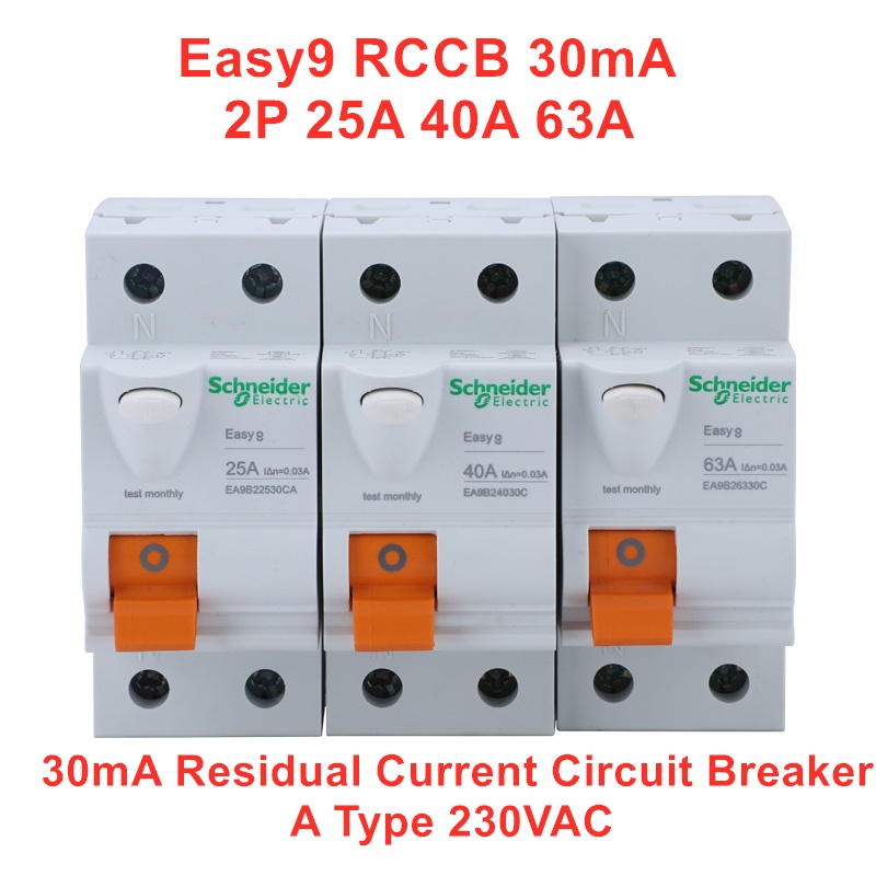 Schneider Electric Easy9 RCCB 2P 25A 40A 63A 30mA Residual Current Circuit Breaker A type 230VAC ...