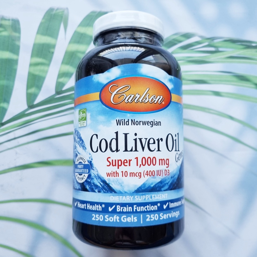 Wild Norwegian Cod Liver Oil Gems, Super 1000 mg 250 Softgels (Carlson ...