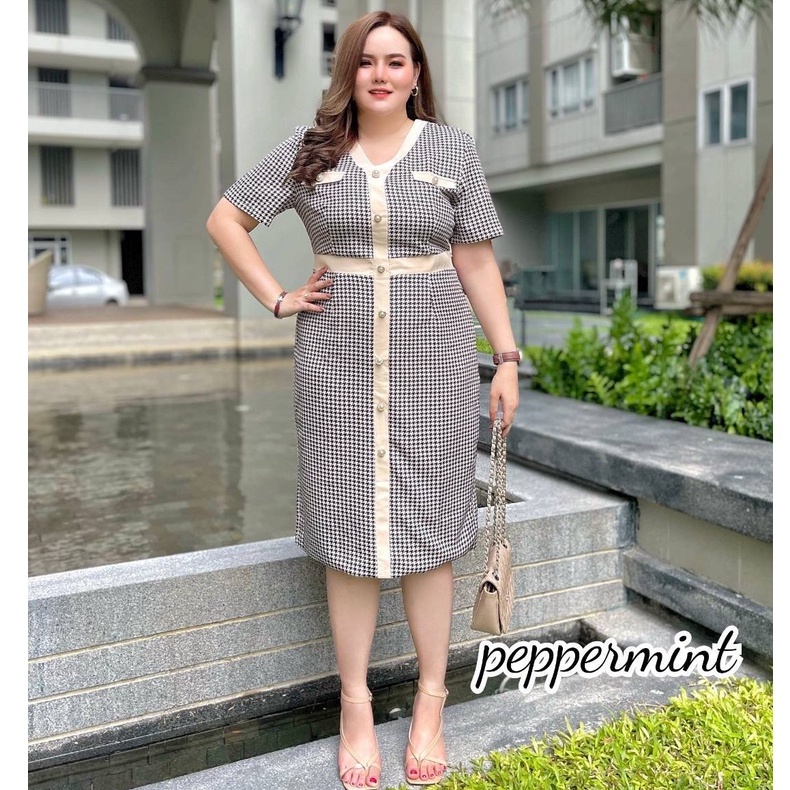 งานพรีเมียม นำเข้า เดรสสาวอวบไฮโซ ลายชิโนริ สีครีม SizeXL-6XL Peppermint Plus size (584 B ...