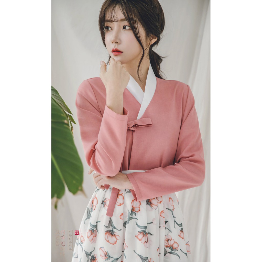 ฮันบกชมพูกุหลาบ กระโปรงน้ำเงิน Casual Hanbok Shopee Thailand