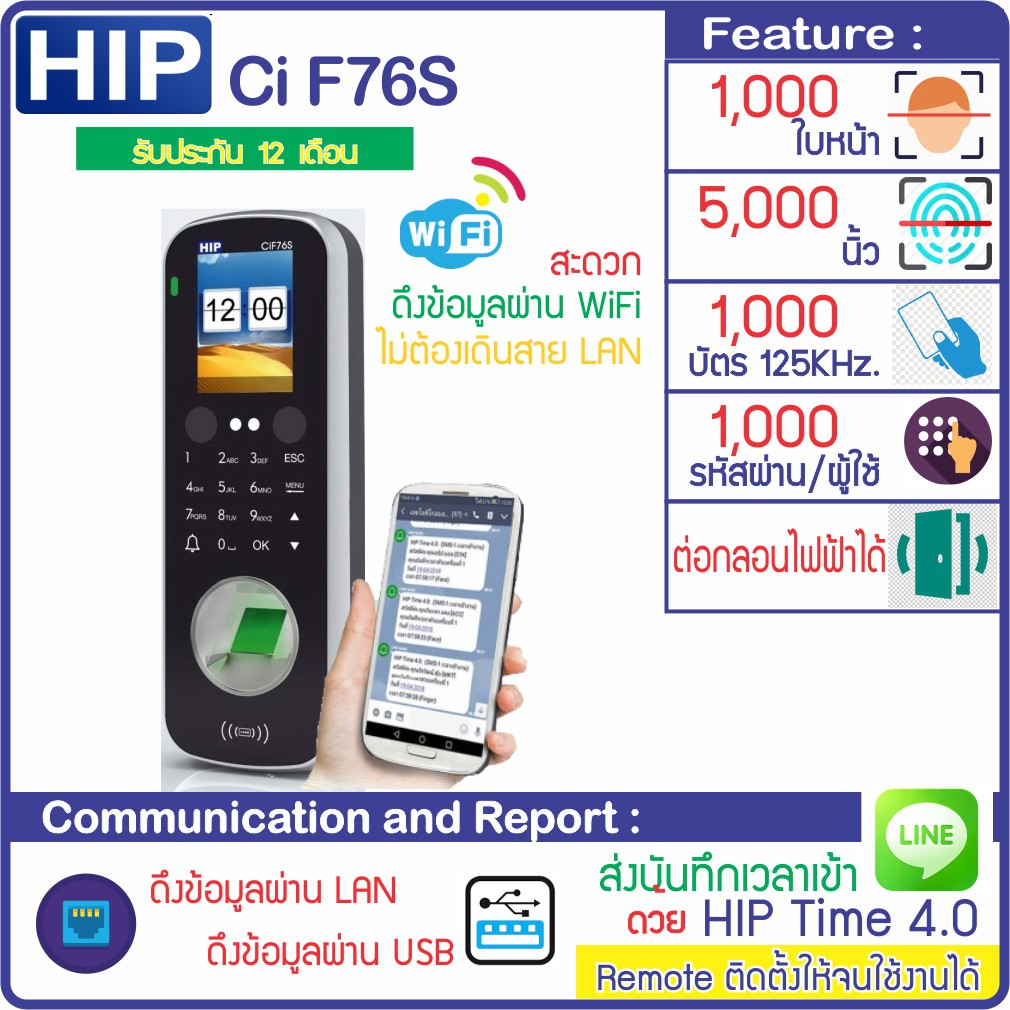 HIP Ci F76S on Cloud WiFi สแกนหน้า นิ้วมือ ทาบบัตรส่งบันทึกเวลาทำงานเข้า Line ดึงข้อมูลผ่าน ...