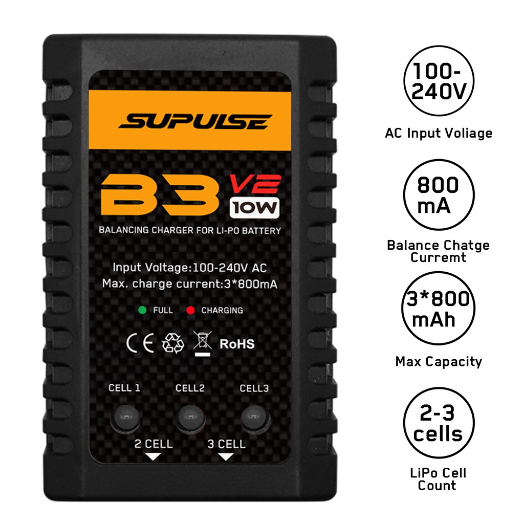 SUPULSE Lipo ที่ชาร์จแบตเตอรี่ RC Balance Charger AC 7.4-11.1V 2S-3S 10W รุ่นอัพเกรด B3AC Pro ...