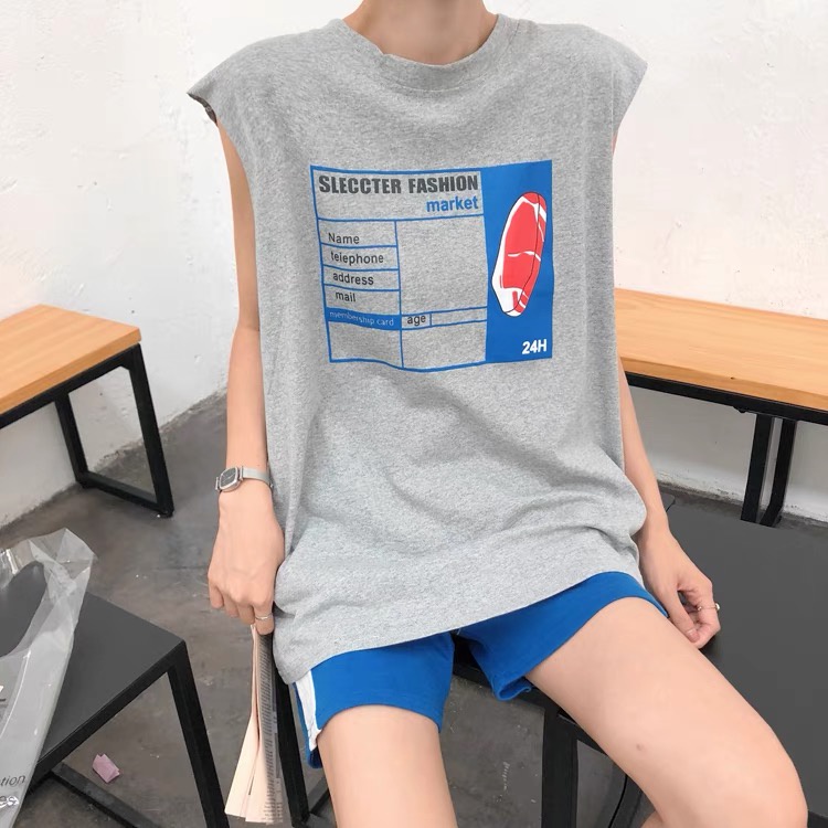 【WANG JIAO ZHAN】 เสื้อยืดแขนกุดคอกลมพิมพ์ลายแฟชั่นสตรีสไตล์เกาหลี【956 ...