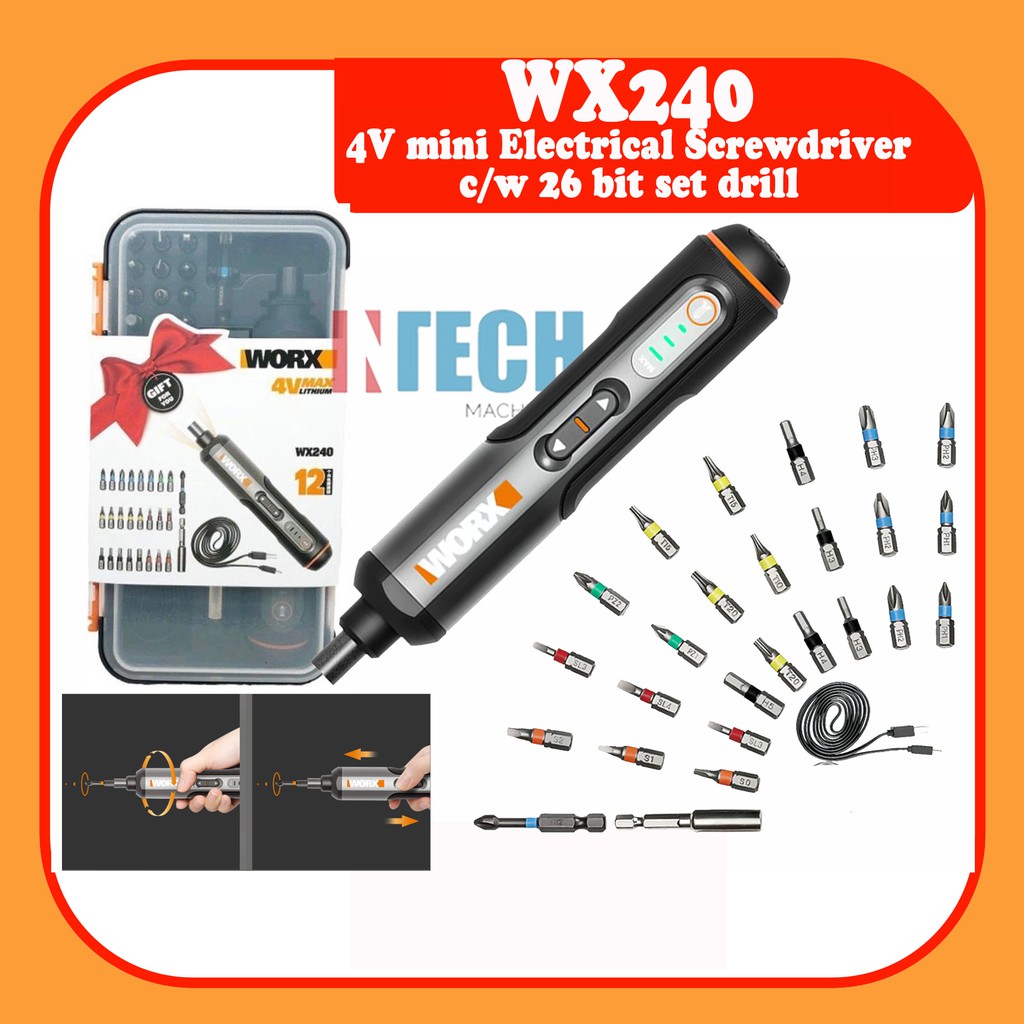 Worx WX240 4V MINI ไขควงไฟฟ้า แบบชาร์จไฟได้ พร้อมดอกสว่าน 26 ชุด ...