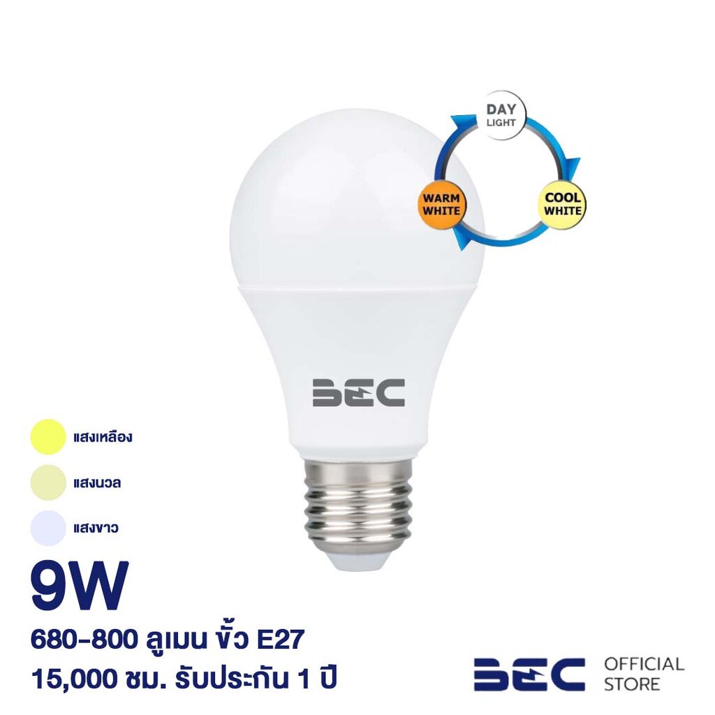 BEC MAGIC 9W หลอดไฟ LED ขั้ว E27 สลับได้ 3 แสงด้วยการ ปิด-เปิด สวิตช์ไฟ ...