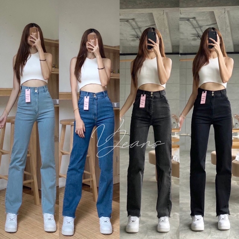 👑V-JEANS👑 ป้าย CHU🇰🇷 พร้อมส่ง ขากระบอก กางเกงยีนส์ขายาว กางเกงยีนส์เอวสูง ใส่เเล้วดูสูง เก็บพุง ...