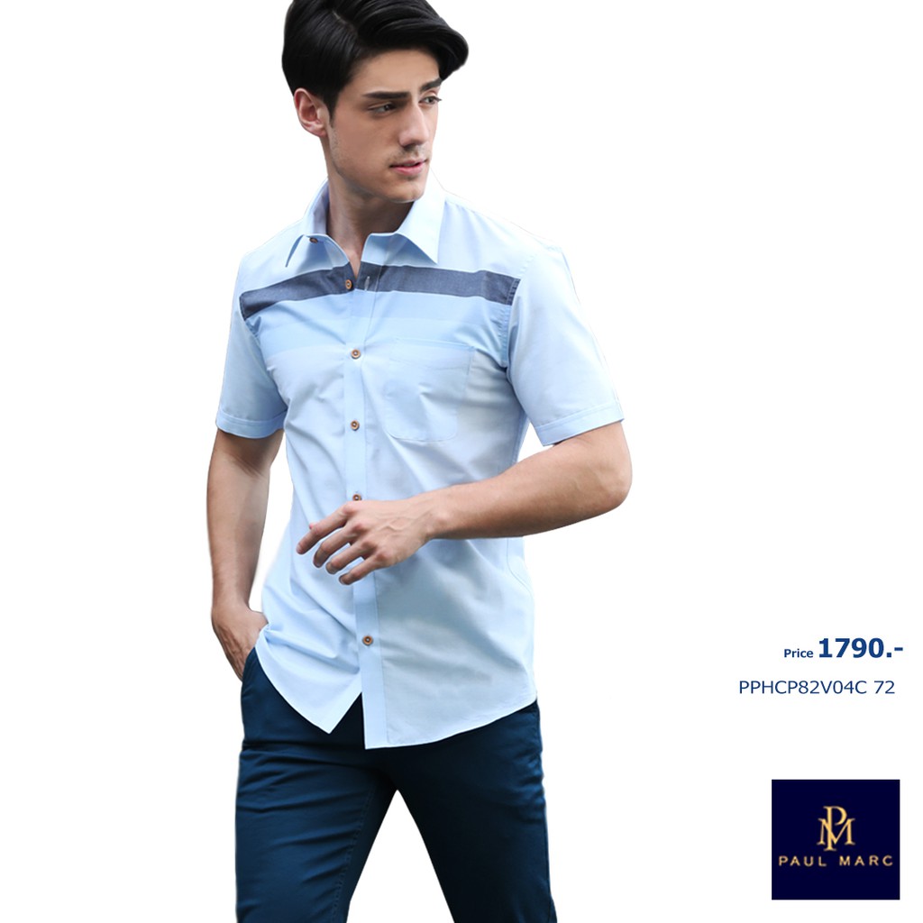 PAUL MARC เสื้อเชิ้ตลาย คัลเลอร์บล็อก พาแนล แขนสั้น สีฟ้า Slim Fit ...