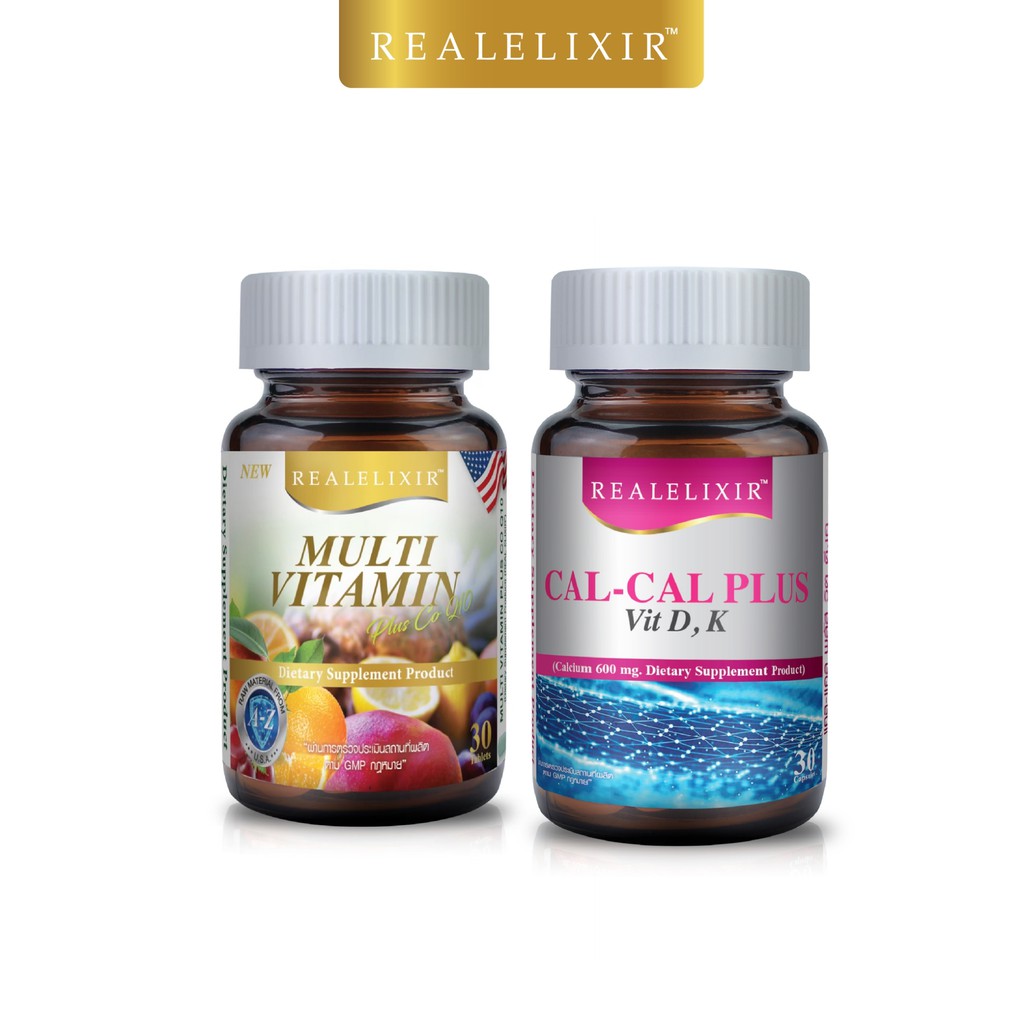 Real Elixir Cal-Cal Plus Vit D, K (30 เม็ด) + Real Elixir Multi Vitamin ...