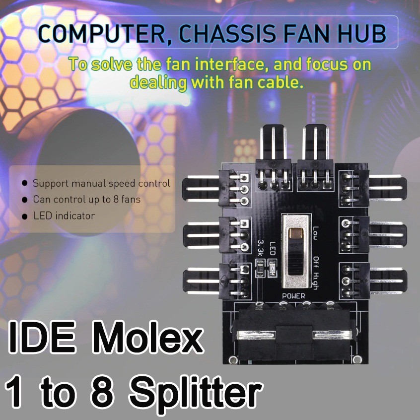 IDE Molex 1 to 8 Multi Way Splitter Cooler Cooling Fan Hub 3pin 12V ...