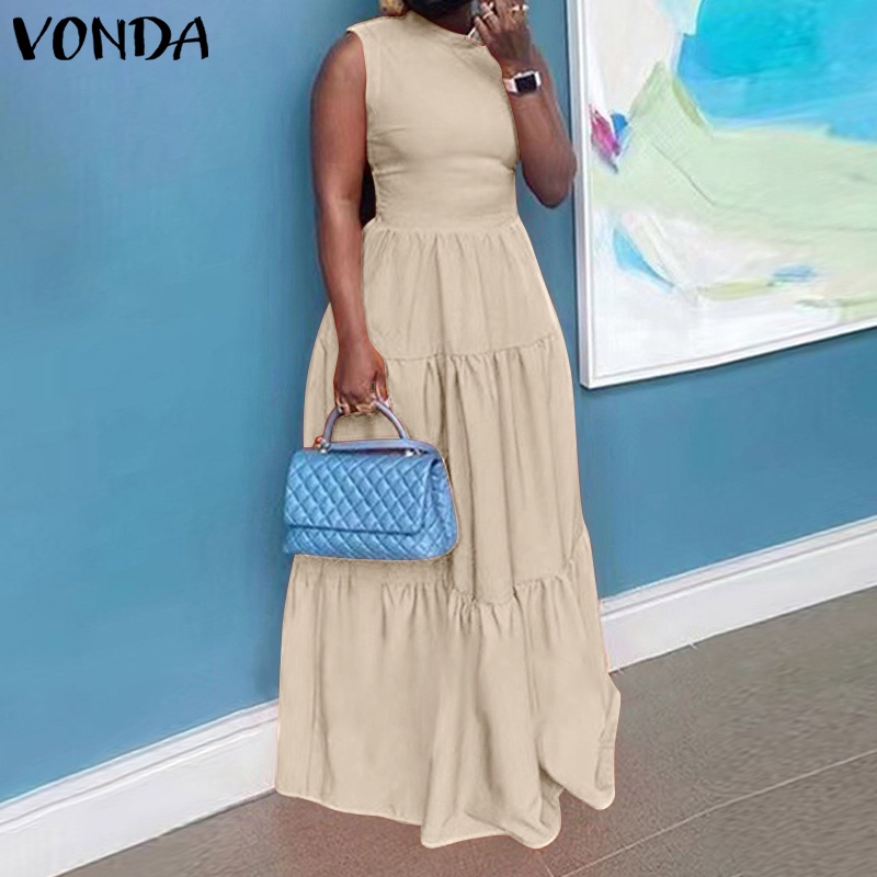 Vonda ชุดเดรสยาวสําหรับสตรีแขนกุดคอกลมทรงหลวม | Shopee Thailand
