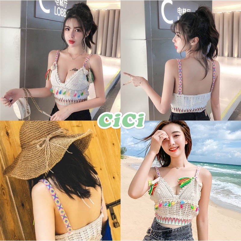 Cici (NO.Q26) สายเดี่ยวโบฮีเมียนไหมพรมถักน่ารักๆมีลูกตุ่มสายสีพาลเพล | Shopee Thailand