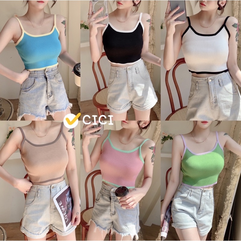 Cici(NO. 1789)Basic crop สายเดี่ยวครอปไหมพรมknit ผ้าทอร่องสีทูโทน | Shopee Thailand