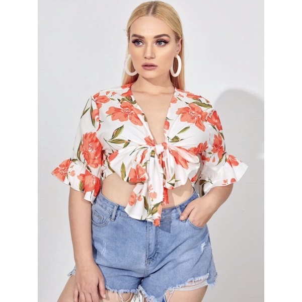 พลัสไซส์ 1XL SHEIN เสื้อลายดอก เที่ยวทะเล แบบผูกด้านหน้า | Shopee Thailand