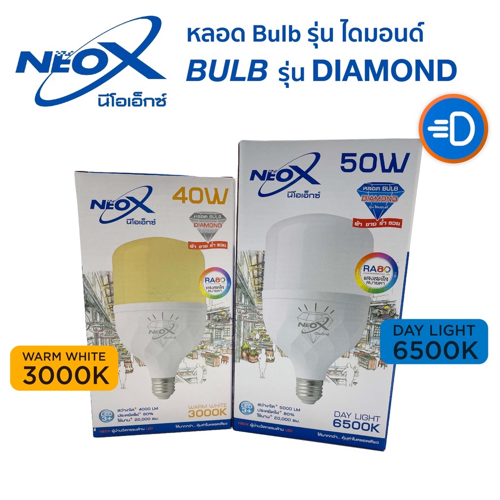 หลอดทรงกระบอก หลอดไฟตลาดนัด หลอดไฟจั๊มโบ้ Bulb รุ่น ไดมอนด์ NEOX DIAMOND 40W 50W ขั้ว E27 ...