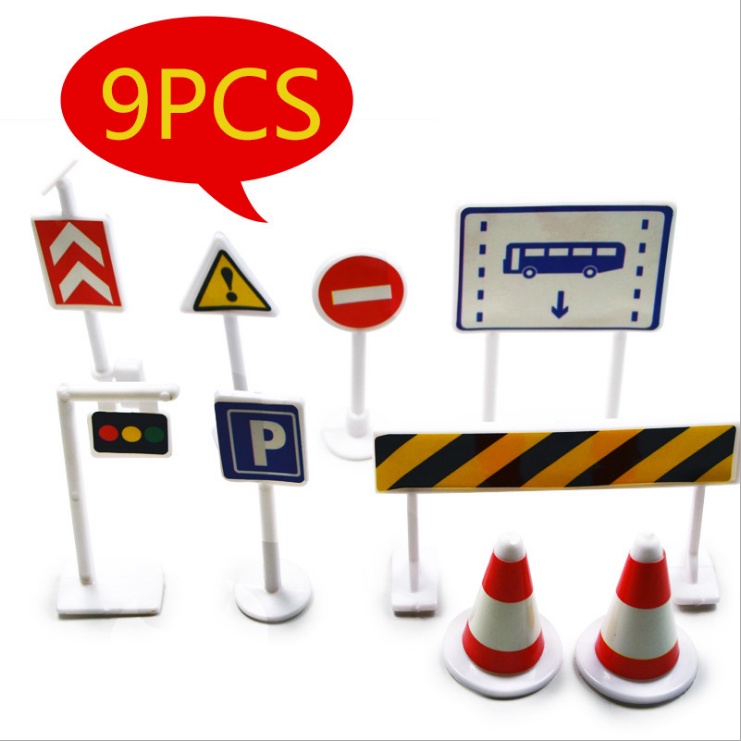 9 ชิ้น/เซ็ตเด็ก DIY รุ่นฉากของเล่นเด็กเมืองป้ายถนน Roadblock ป้ายจราจร ...