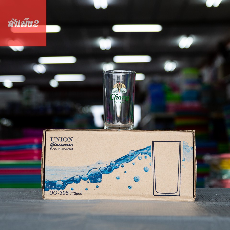 [ร้านสำเพ็ง2] UG-305 แก้วใสทรงกระบอก น้ำ เบียร์ พิมพ์ลาย สิงห์ ช้าง ...