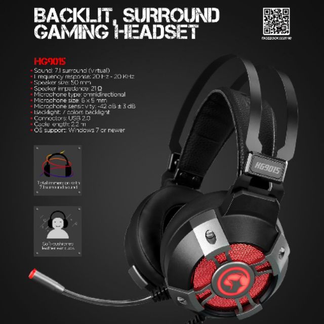 หูฟัง+ไมค์เกมมิ่ง ไฟ 7 สี, ไฟ RGB 7.1 Gaming Marvo Headset HG9015G Usb ...