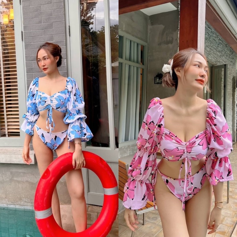 Teera ️ชุดเซต2ชิ้น เสื้อแขนยาวแขนตุ๊กตา3ชั้น ปลายแขนระบาย เสื้อช่วงอกสามารถปรับรูดได้ หลังสมอค ...