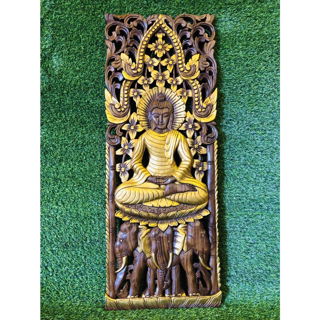ไม้สัก แกะสลัก ลายพระพุทธรูป ทรงช้าง 3 เศียร ขนาด 35x90 cm. งานไม้สัก แผ่นไม้ฉลุ แขวนผนัง ...