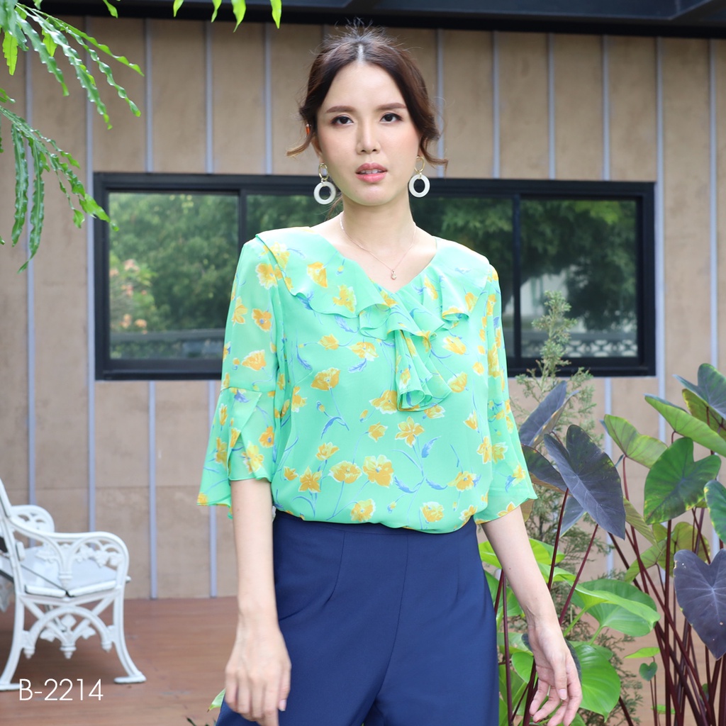MIKIKO Blouse MI-B2214 ชิฟฟอนปริ้นท์ แขนยาว IGPU22-3 | Shopee Thailand