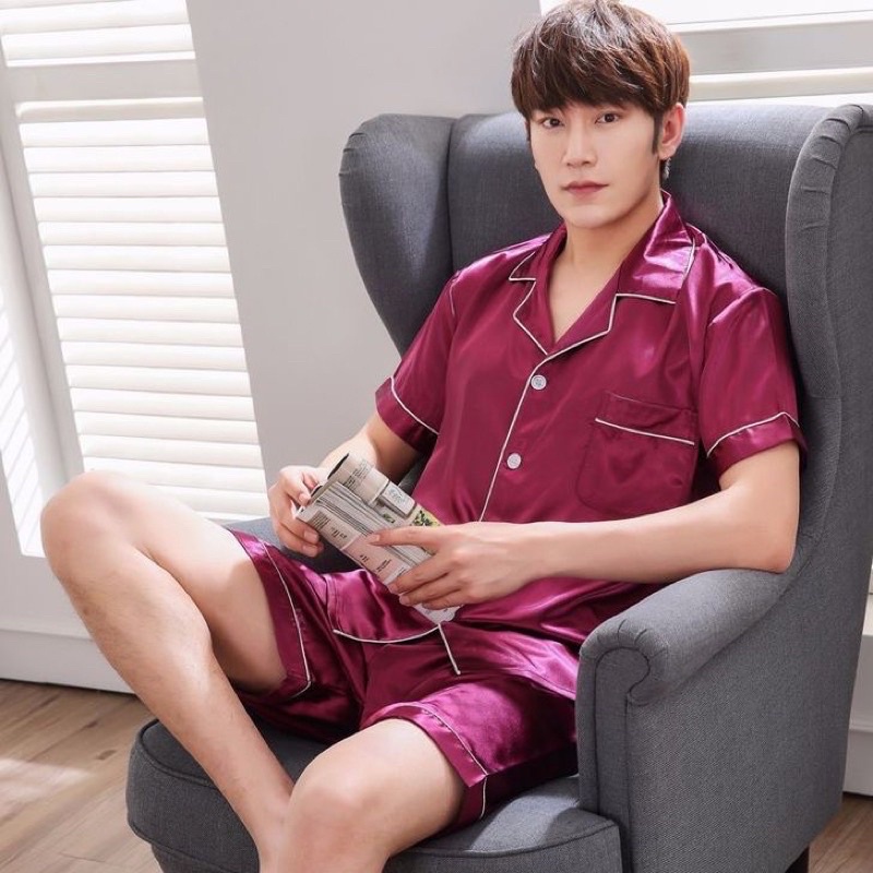 ชุดนอนผู้ชายผ้าซาตินเเขนสั้น ขาสั้นPremium แบบหนา Moo1 | Shopee Thailand
