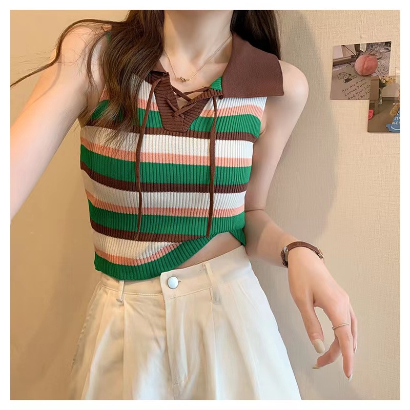 Cicishop(Y046/86032)เสื้อแขนกุดลายทาง คอปก แต่งสายผูกโบว์ สีพาสเทลสลับ ...