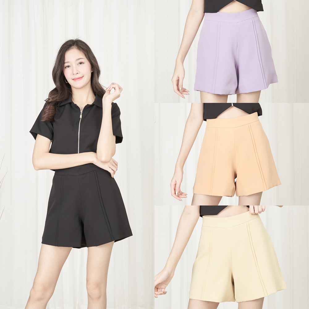 Miss Office กางเกงทรงเข้ารูปสั้น เอวสูง แต่งเส้นหน้า2เส้น (MP-037) | Shopee Thailand