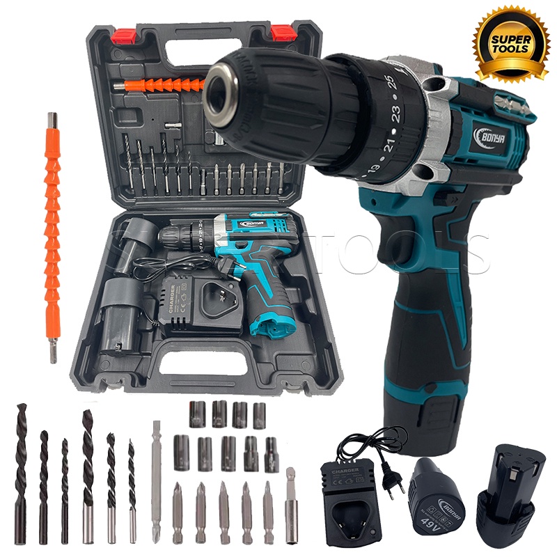 BONYAสว่านไร้สาย สว่าน 49V 3 ระบบ มีระบบกระแทก แบตเตอรี่ Li-ion อย่างดี 2 ก้อน พร้อม ดอกสว่าน ...